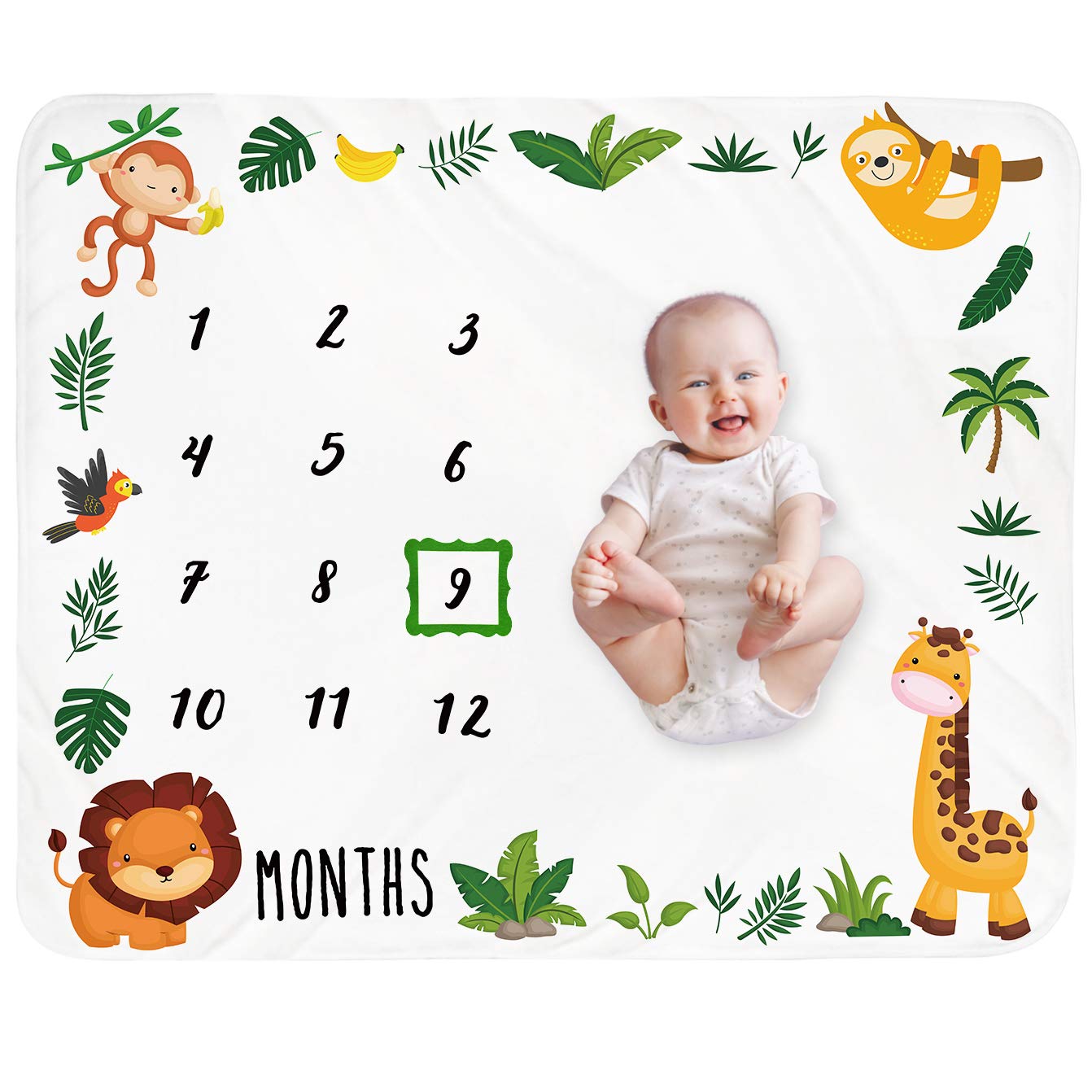 Baby Monthly Milestone Blanket Boy - Jungle Animals Neutral Newborn Month Blanket for Boy & Girl Personalized Shower Gift Safari Nursery Decor Photography Background Prop with Frame Large 51''x40''