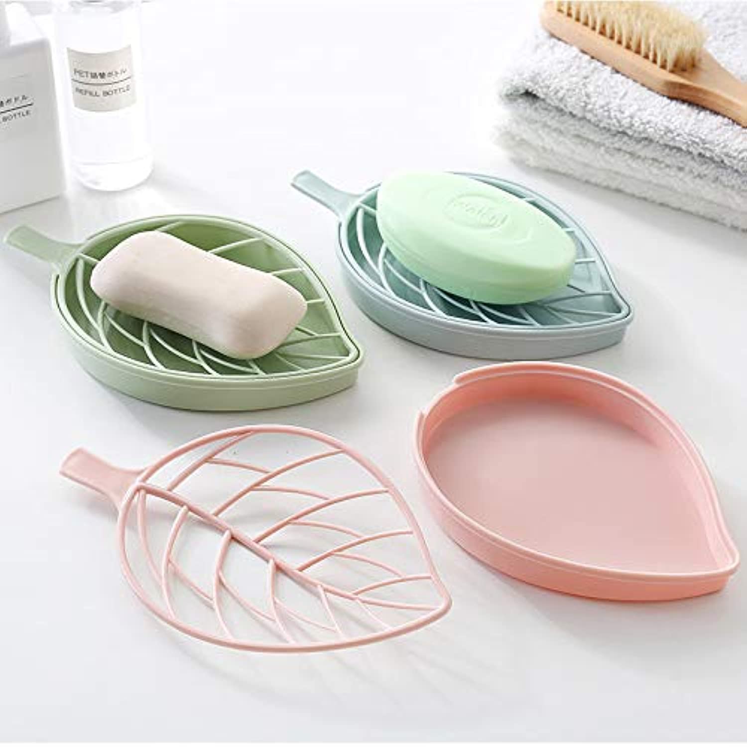 Lele 3 Color Soap Dishes,Leaf-Shaped Shower Soap bar Holder with Draining Tray,Fashionable Soap Dishes for Shower Kitchen