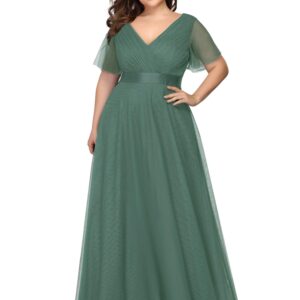 Ever-Pretty Women's Ruffle Sleeves Double V-Neck Tulle Wedding Party Dresses Plus Size Green US20