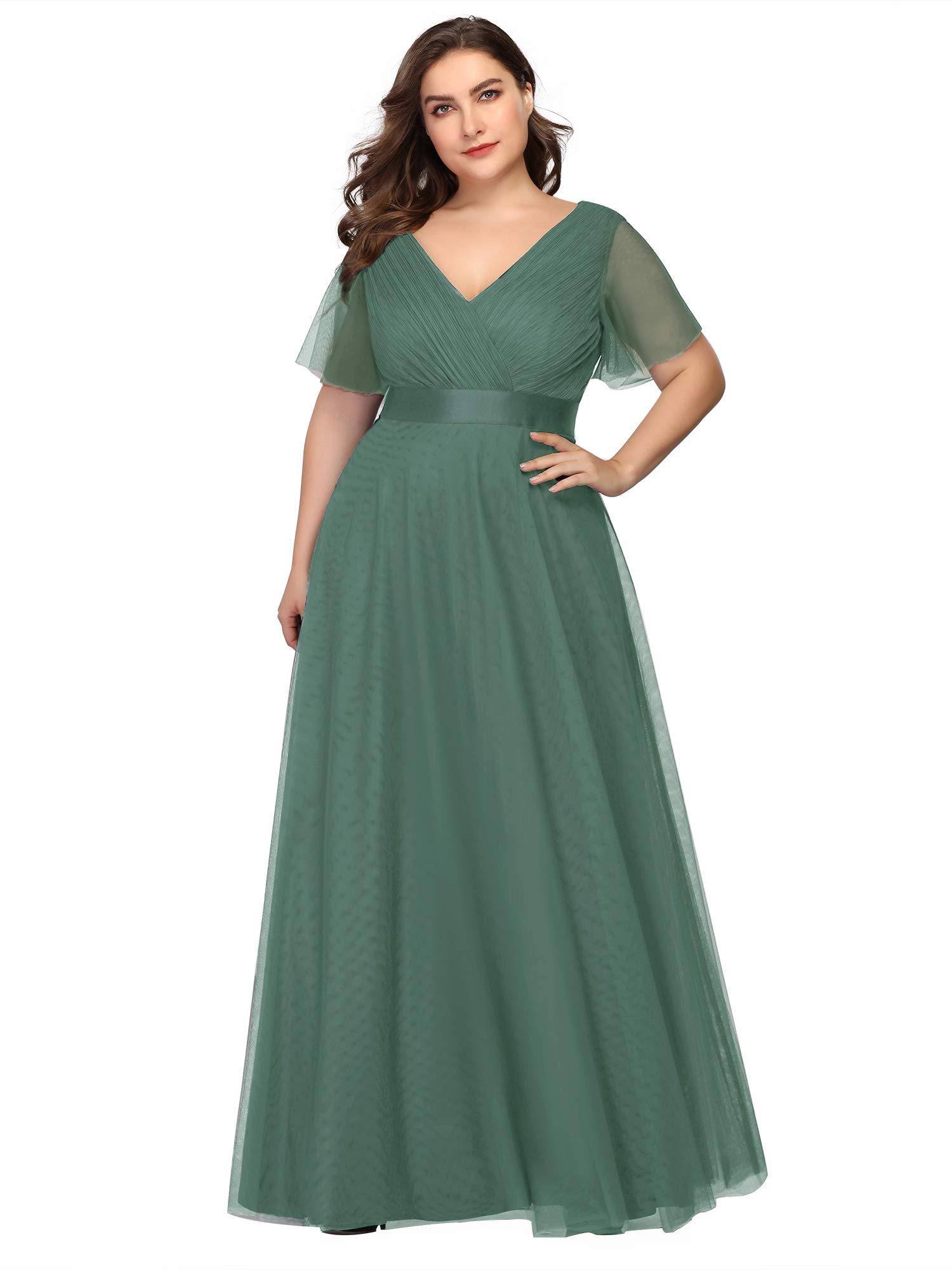 Ever-Pretty Women's Ruffle Sleeves Double V-Neck Tulle Wedding Party Dresses Plus Size Green US20