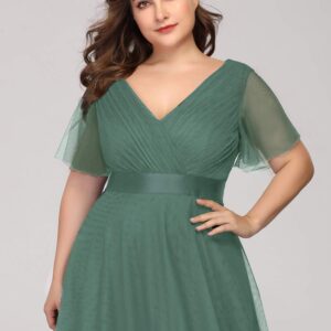 Ever-Pretty Women's Ruffle Sleeves Double V-Neck Tulle Wedding Party Dresses Plus Size Green US20