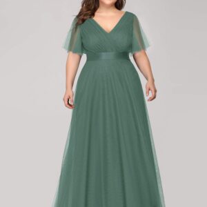 Ever-Pretty Women's Ruffle Sleeves Double V-Neck Tulle Wedding Party Dresses Plus Size Green US20