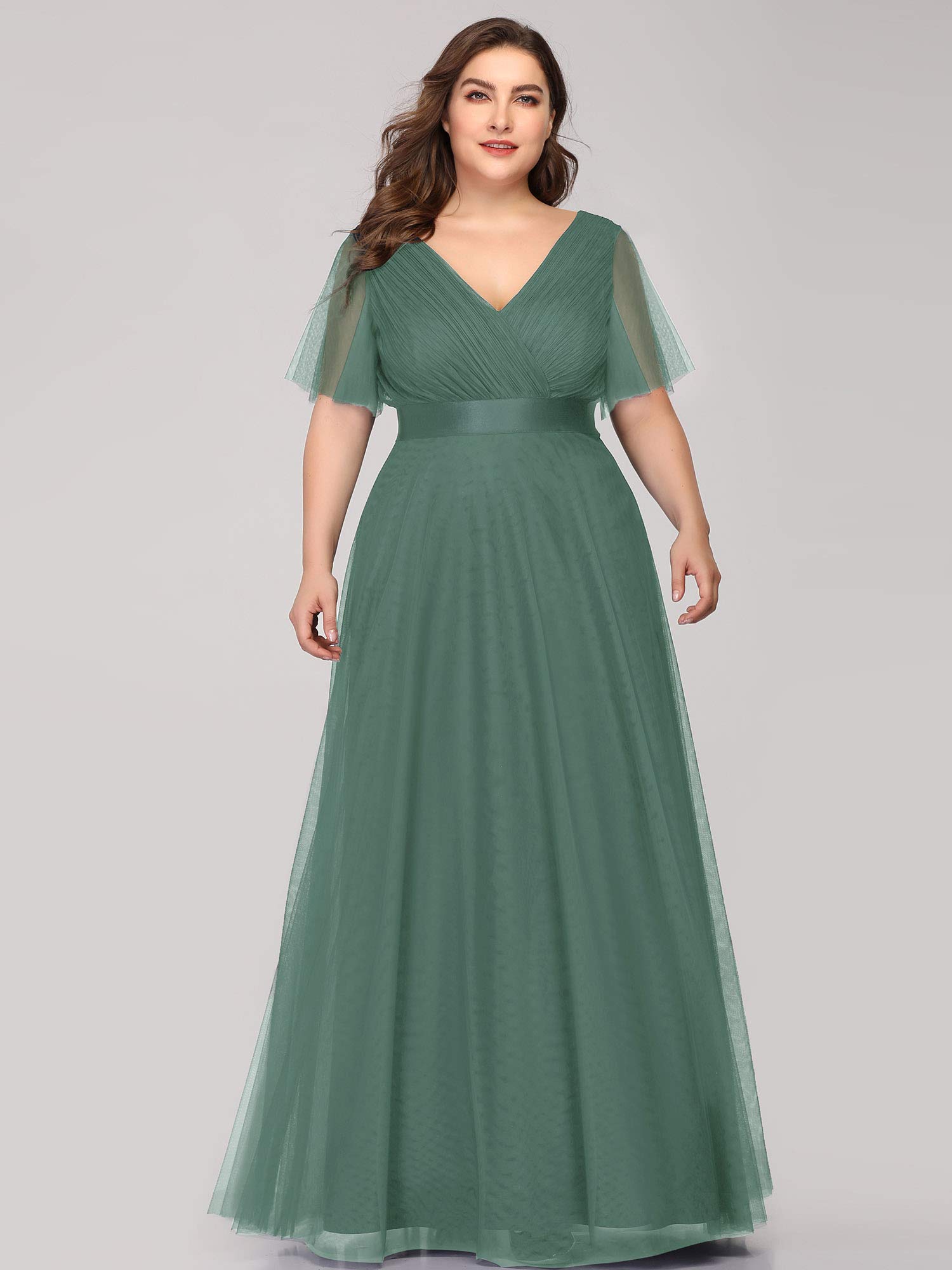 Ever-Pretty Women's Ruffle Sleeves Double V-Neck Tulle Wedding Party Dresses Plus Size Green US20