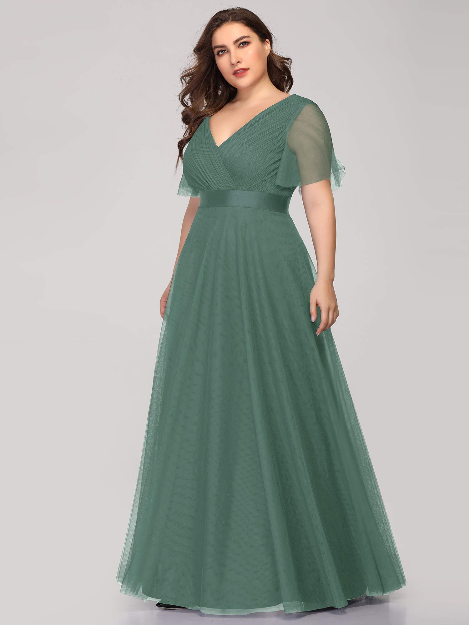 Ever-Pretty Women's Ruffle Sleeves Double V-Neck Tulle Wedding Party Dresses Plus Size Green US20