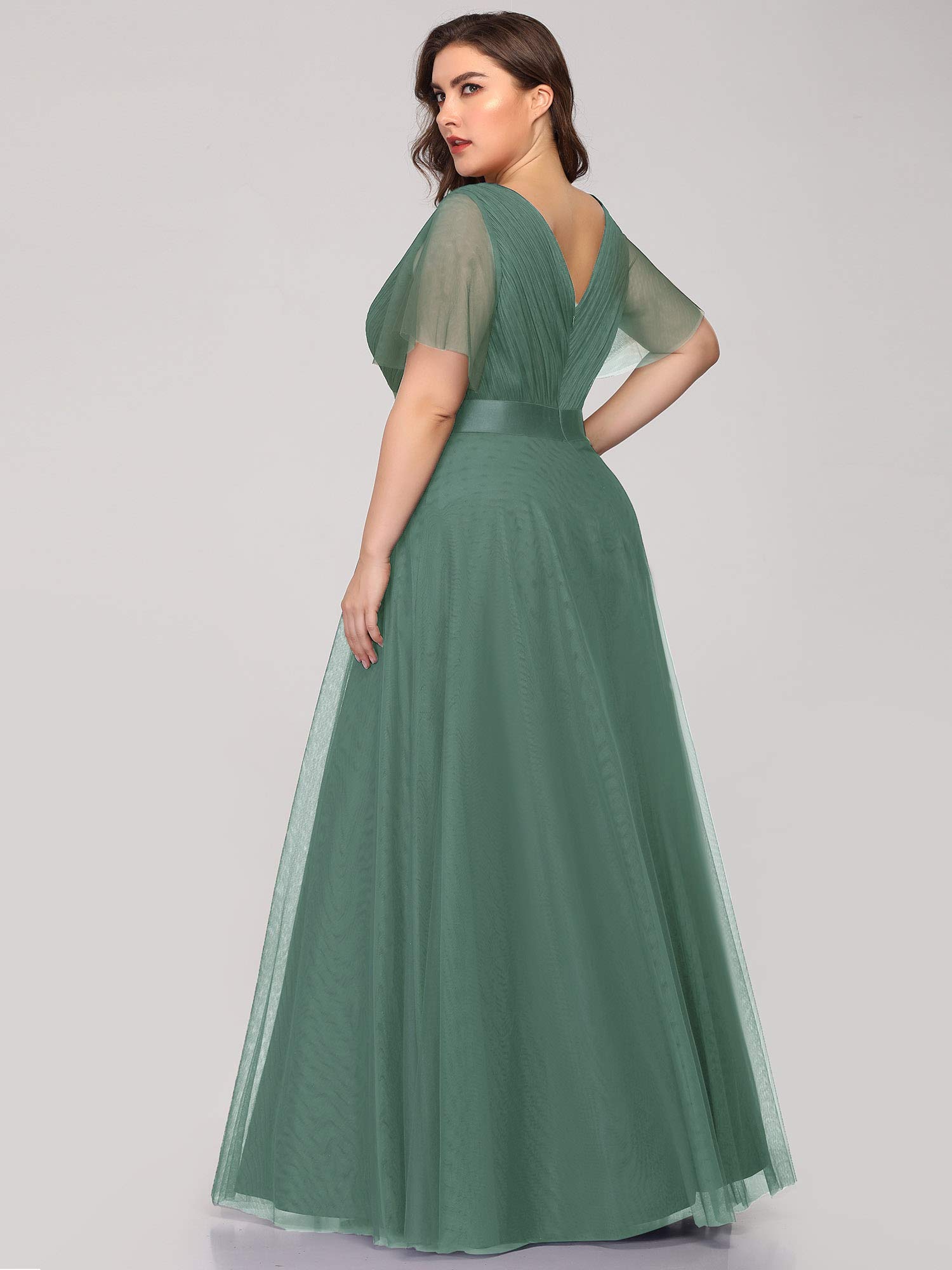 Ever-Pretty Women's Ruffle Sleeves Double V-Neck Tulle Wedding Party Dresses Plus Size Green US20