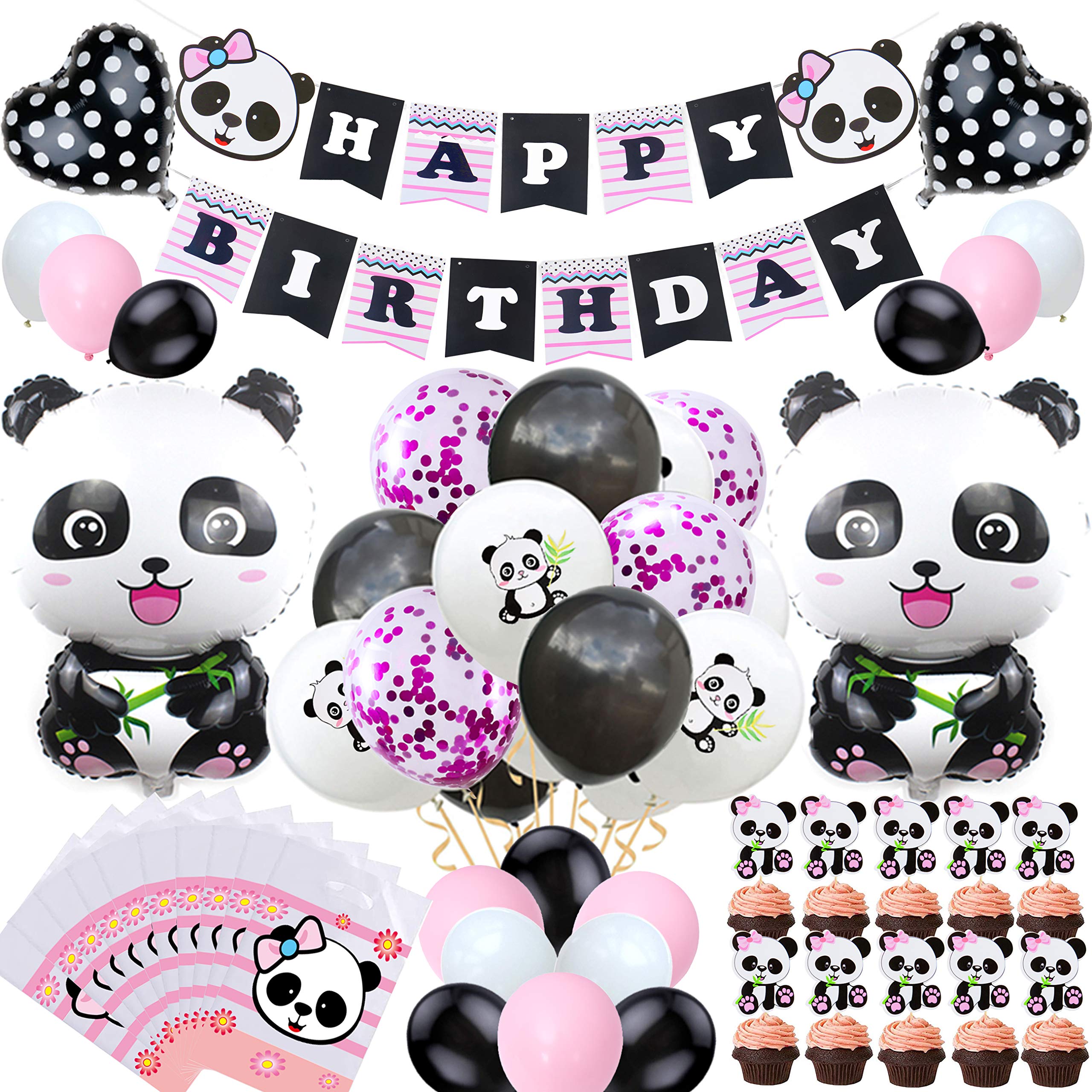 Welliboom Cute Cartoon Panda Birthday Party Supplies with Banner,Children Party Decoration, Girl Birthday Party Decoration Full Birthday Set 67PCS For Birthday Party