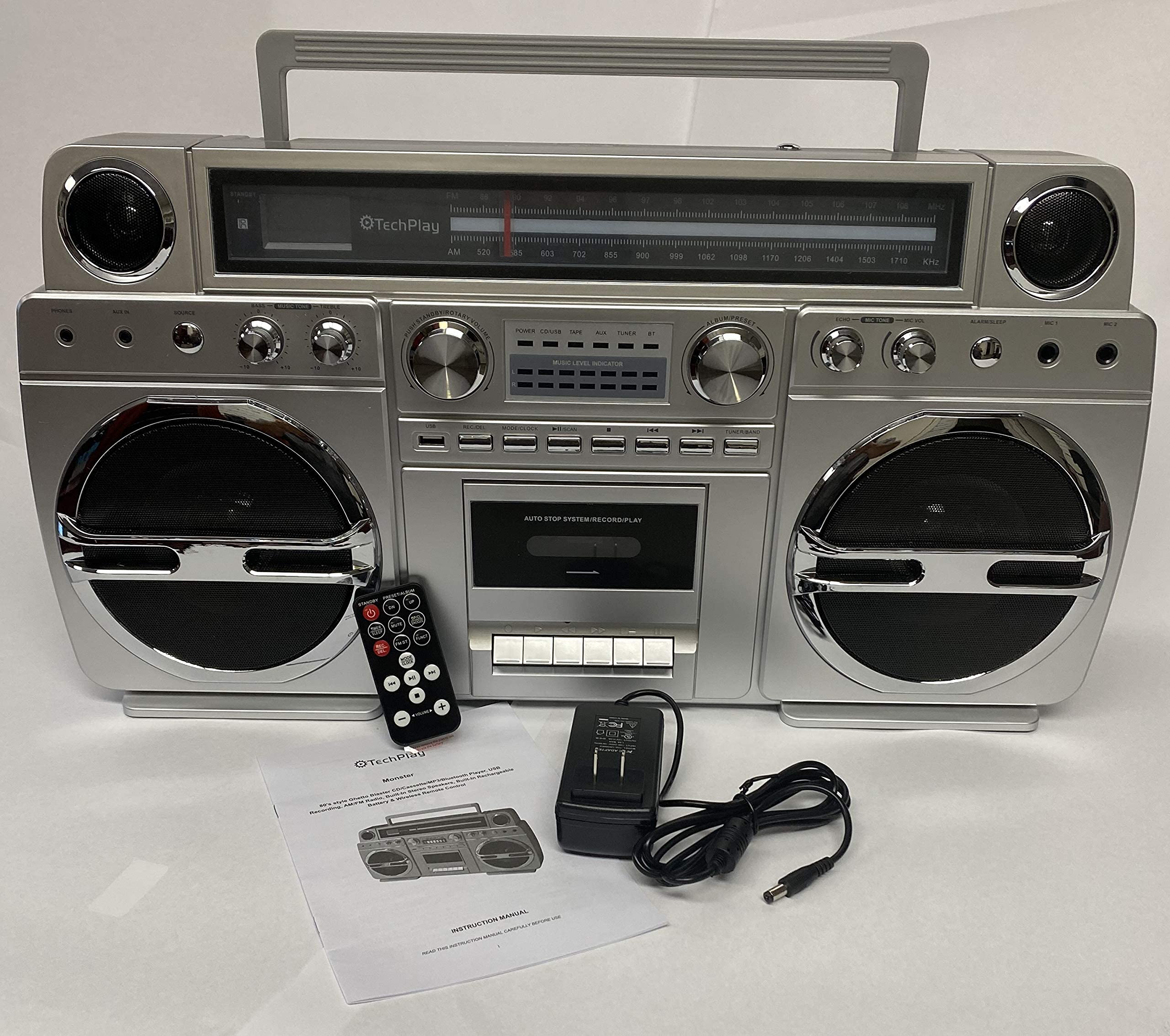 TechPlay Monster 1980S-Style Boom Box CD Player, Cassette Player/Recorder, AM/FM, USB, Bluetooth Speaker with Built-in Rechargeable Battery