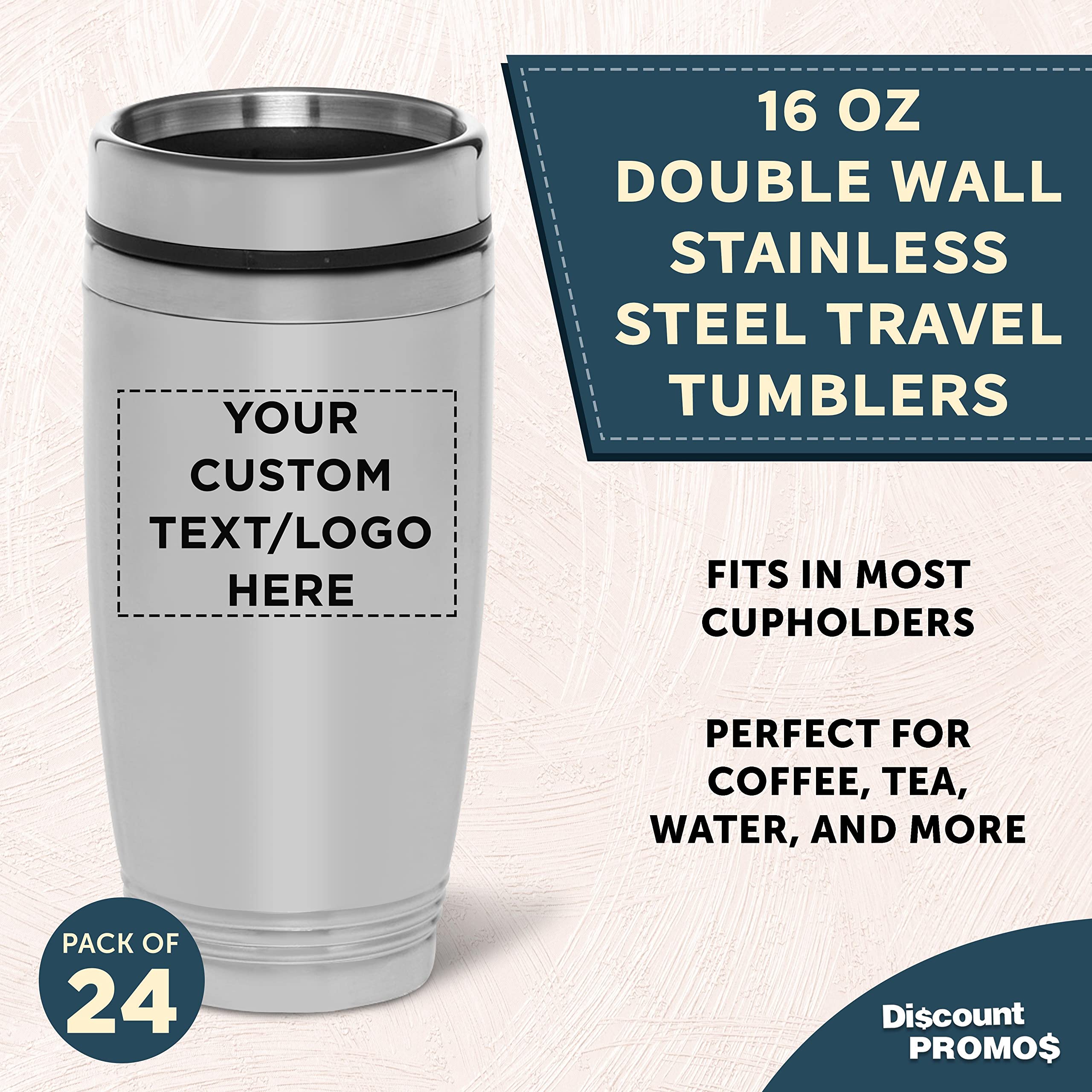 DISCOUNT PROMOS Custom Stainless Steel Tumblers 16 oz. Set of 24, Personalized Bulk Pack - Perfect for Coffee, Soda, Other Hot & Cold Beverages - Silver