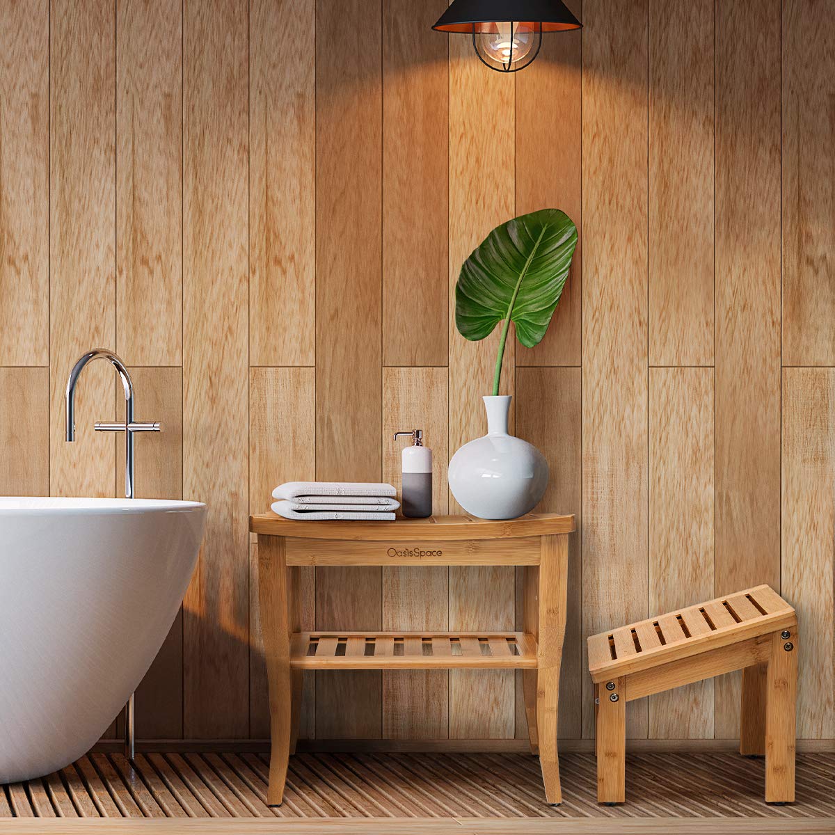 OasisSpace Bamboo Shower Bench with Underneath Storage Shelf, Wood Spa Bath Organizer Seat with Foot Stool, Perfect for Indoor or Outdoor