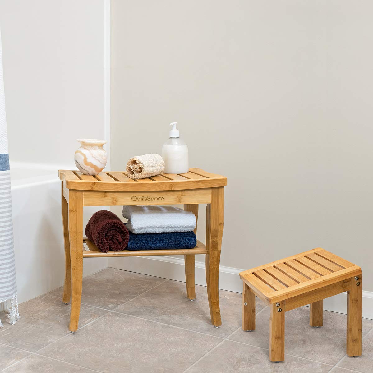 OasisSpace Bamboo Shower Bench with Underneath Storage Shelf, Wood Spa Bath Organizer Seat with Foot Stool, Perfect for Indoor or Outdoor