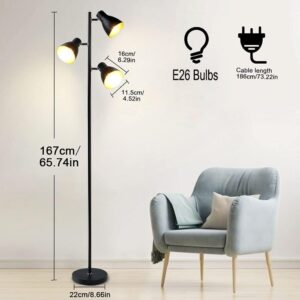 DLLT Industrial Tree Floor Lamp with 3 Bulbs, Farmhouse Black Standing Light, Skinny Tall Pole Lamp, Metal Bright Reading Lamps for Living Room Bedroom, Adjustable Heads, Foot Switch, Mid Century