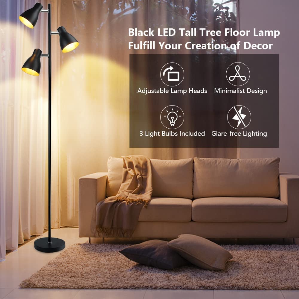 DLLT Industrial Tree Floor Lamp with 3 Bulbs, Farmhouse Black Standing Light, Skinny Tall Pole Lamp, Metal Bright Reading Lamps for Living Room Bedroom, Adjustable Heads, Foot Switch, Mid Century