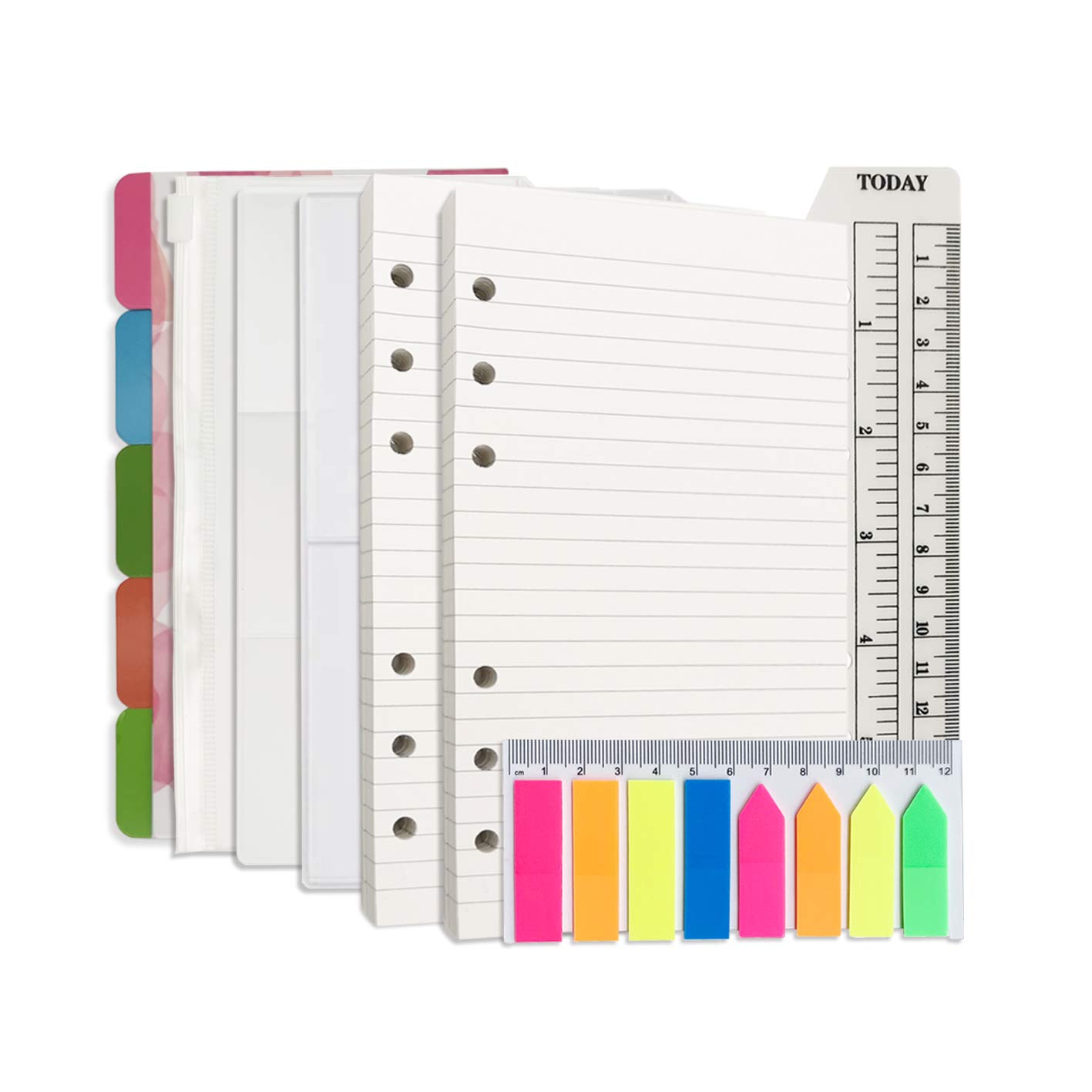 A6 Refill Paper, 100 Sheets Lined Paper, 6 Hole Punched - 5 Binder Dividers, 3 PVC Pouches, 160 Colored Index Tabs, 1 Quick Page Finder, for Filofax Personal Planners, 3.75 x 6.75 Inch