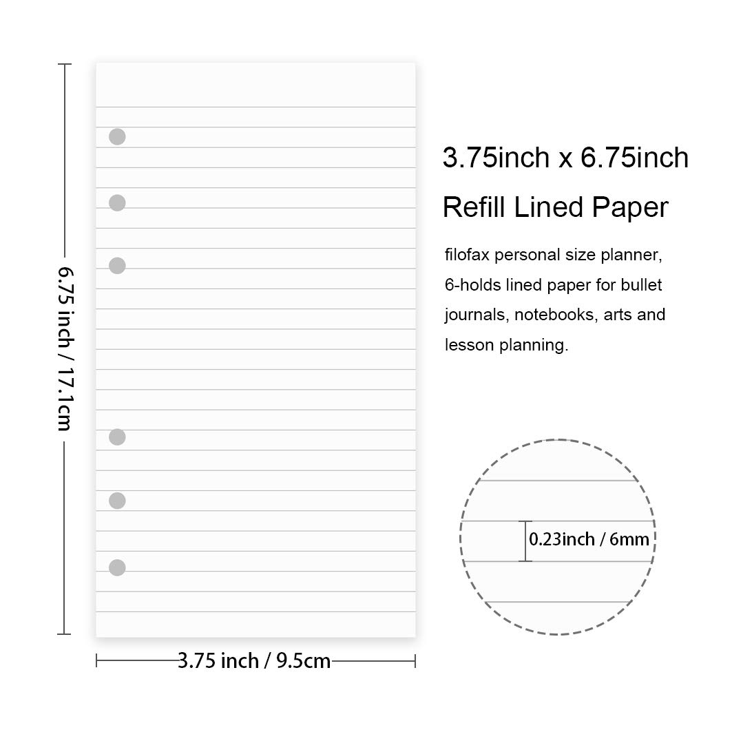 A6 Refill Paper, 100 Sheets Lined Paper, 6 Hole Punched - 5 Binder Dividers, 3 PVC Pouches, 160 Colored Index Tabs, 1 Quick Page Finder, for Filofax Personal Planners, 3.75 x 6.75 Inch