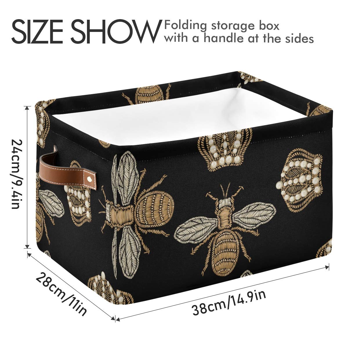 AGONA Large Foldable Storage Bin Gold Embroidery Bee Crown Black Storage Bins Collapsible Decorative Fabric Storage Baskets with Leather Handles for Home Closet Bedroom Organizer Nursery 1 Pack