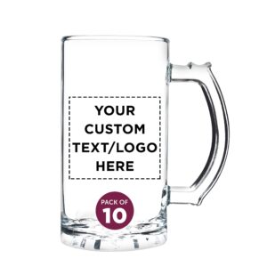 discount promos custom glass beer mug 16 oz. set of 10, personalized bulk pack - great for wedding favors, groomsmen gifts, birthday gifts - clear