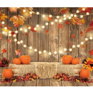 Funnytree 7x5FT Fall Pumpkin Photography Backdrop Autumn Thanksgiving Harvest Hay Leaves Wooden Background Sunflower Maple Baby Shower Banner Decoration Party Supplies Photo Booth Prop