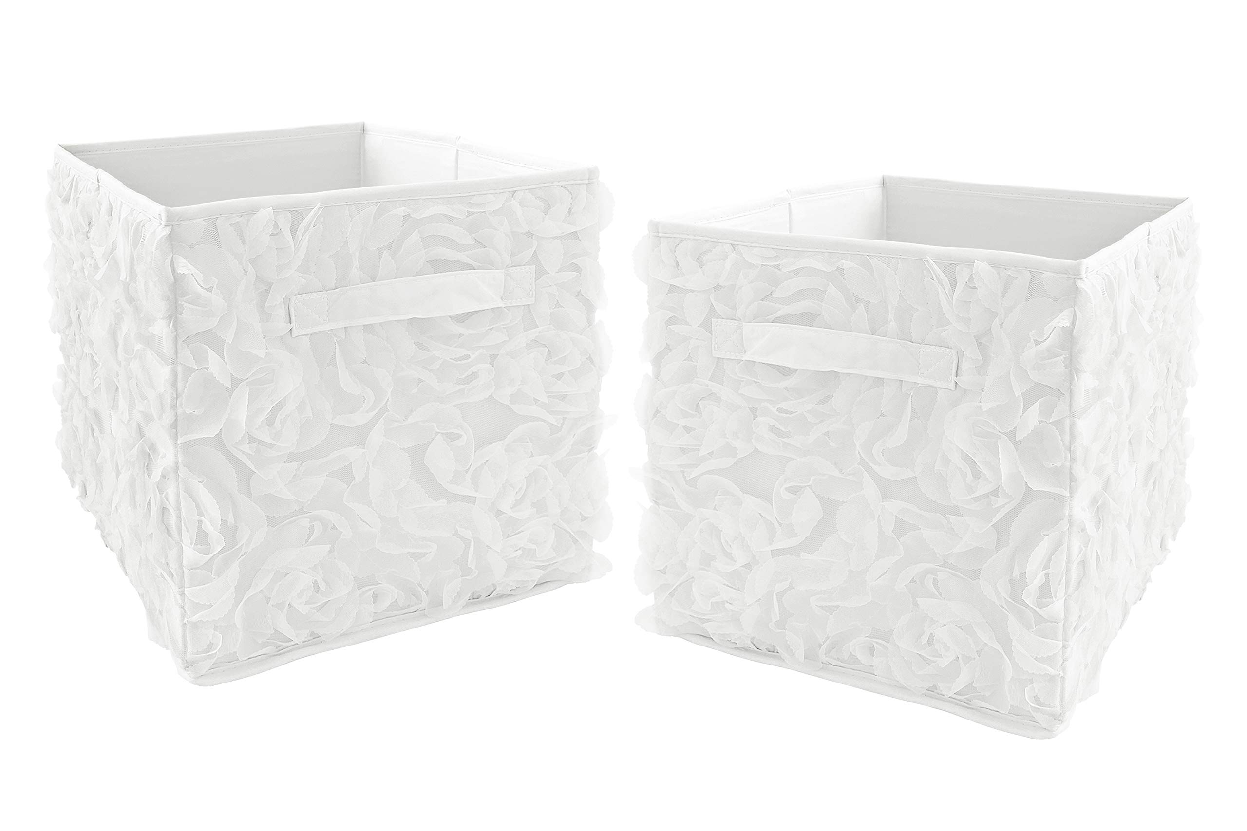 Sweet Jojo Designs White Floral Rose Foldable Fabric Storage Cube Bins Boxes Organizer Toys Kids Baby Childrens - Set of 2 - Solid Flower Luxurious Elegant Princess Boho Shabby Chic Luxury Glam Roses