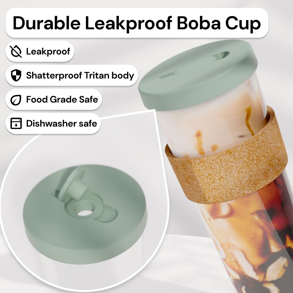 Dodoko Reusable Boba Cup and Straw Boba Tea Cup Bubble Tea Cup Reusable Iced Coffee Cup Cold Coffee Cup Smoothie Cup with Lid and Straw Smoothie Cup to go Smoothie Tumbler 24 oz - Sage Green