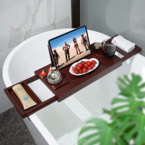 Premium Bamboo Bath Tray Table, Expandable Bathtub Tray Rack,Bathtub Caddy Table with Book Wine Phone Holder