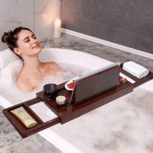 Premium Bamboo Bath Tray Table, Expandable Bathtub Tray Rack,Bathtub Caddy Table with Book Wine Phone Holder