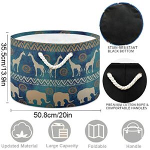 visesunny African Tribal Ethnic Elephant And Deer Collapsible Large Capacity Basket Storage Bin with Durable Cotton Handles, Home Organizer Solution for Office, Bedroom, Closet, Toys, Laundry