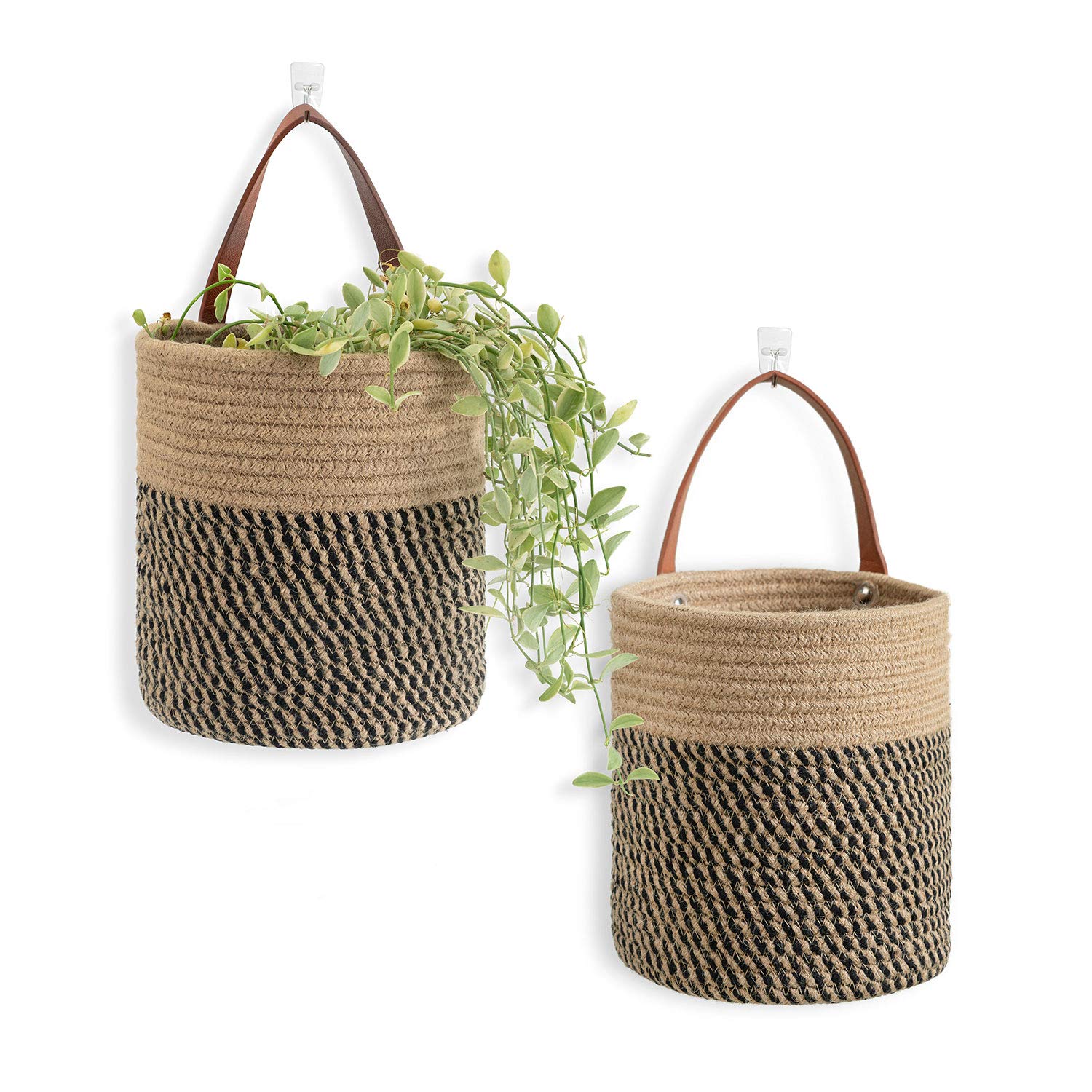 Goodpick 2pack Jute Rope Hanging Basket - 7.87" x 7" Small Woven Fern Wall Hanging Basket Flower Plants, Jute Woven Basket Key Storage Basket, Black and Jute