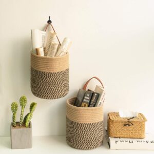 Goodpick 2pack Jute Rope Hanging Basket - 7.87" x 7" Small Woven Fern Wall Hanging Basket Flower Plants, Jute Woven Basket Key Storage Basket, Black and Jute