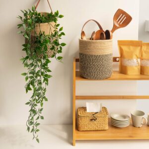 Goodpick 2pack Jute Rope Hanging Basket - 7.87" x 7" Small Woven Fern Wall Hanging Basket Flower Plants, Jute Woven Basket Key Storage Basket, Black and Jute