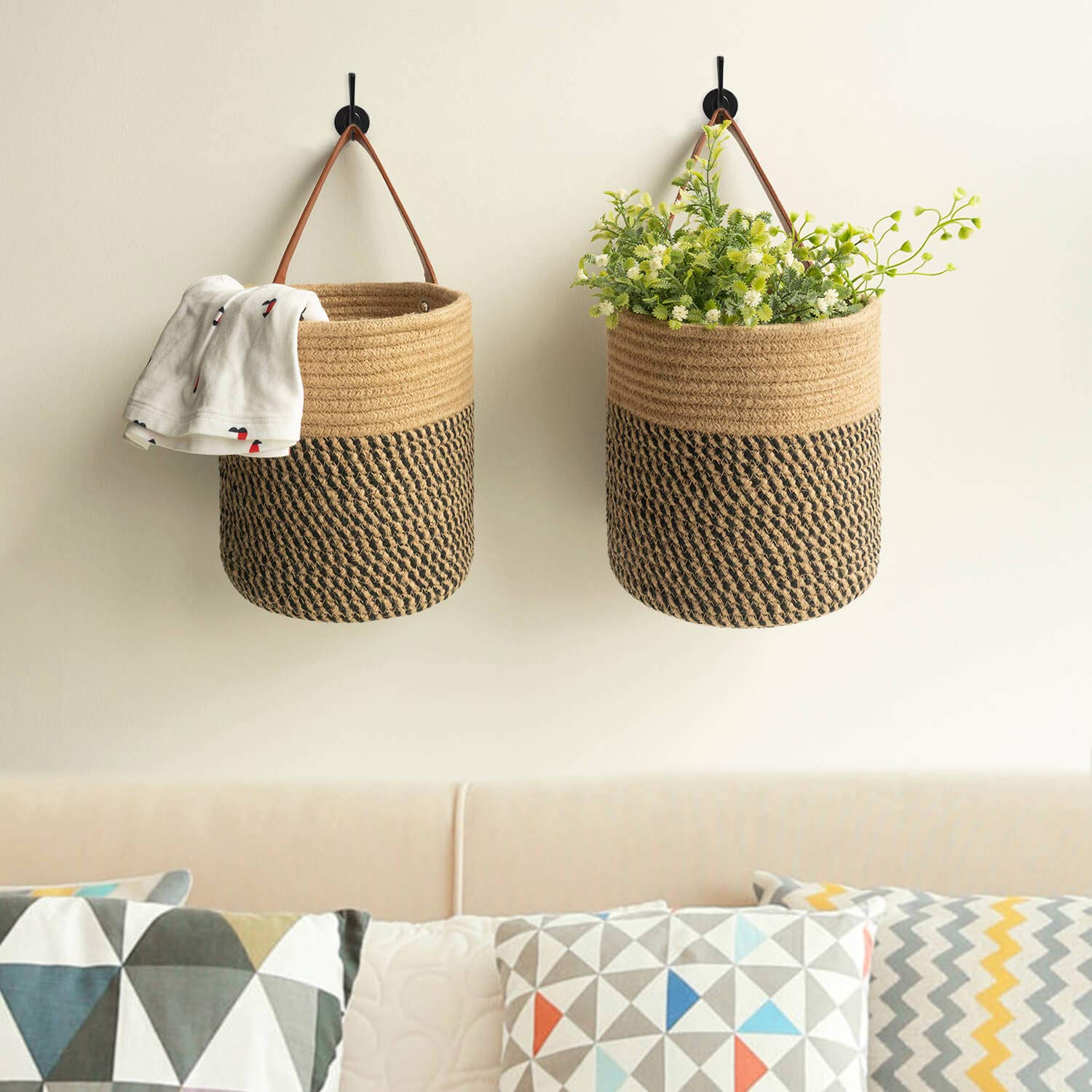 Goodpick 2pack Jute Rope Hanging Basket - 7.87" x 7" Small Woven Fern Wall Hanging Basket Flower Plants, Jute Woven Basket Key Storage Basket, Black and Jute