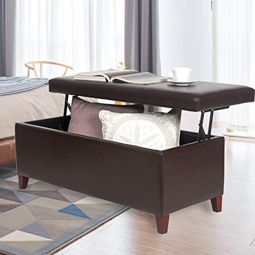 Joveco 42" Storage Bench Ottoman Footstool- Lift Top Coffee Table Ottoman- Brown Faux Leather Ottoman with Storage- End of Bed Bench for Living Room and Bedroom