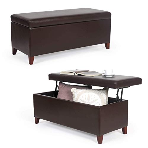 Joveco 42" Storage Bench Ottoman Footstool- Lift Top Coffee Table Ottoman- Brown Faux Leather Ottoman with Storage- End of Bed Bench for Living Room and Bedroom