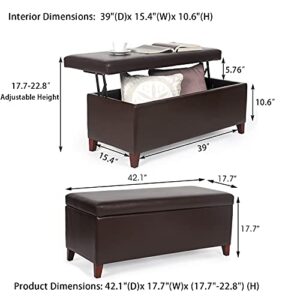 Joveco 42" Storage Bench Ottoman Footstool- Lift Top Coffee Table Ottoman- Brown Faux Leather Ottoman with Storage- End of Bed Bench for Living Room and Bedroom