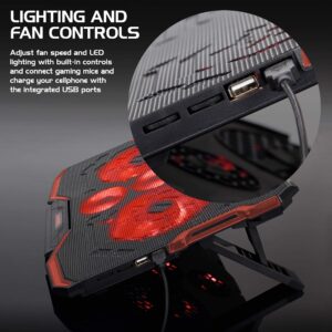 ENHANCE Cryogen Gaming Laptop Cooling Pad - Fits 17 in. Computer, PS4 - Adjustable Laptop Cooling Stand with 5 Quiet Cooler Fans, 2 USB Ports and LED Lighting - Slim Portable Design 2500 RPM (Red)