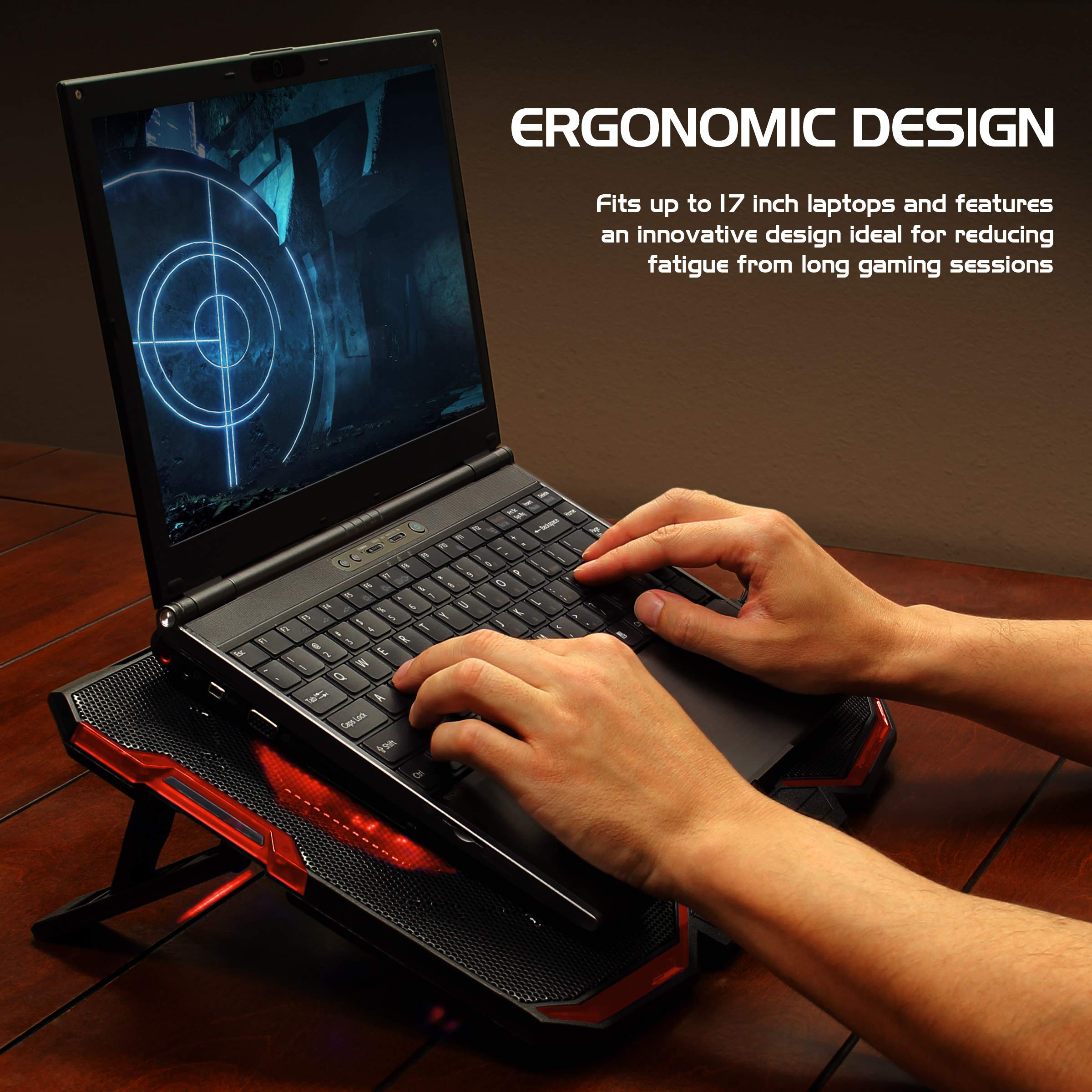 ENHANCE Cryogen Gaming Laptop Cooling Pad - Fits 17 in. Computer, PS4 - Adjustable Laptop Cooling Stand with 5 Quiet Cooler Fans, 2 USB Ports and LED Lighting - Slim Portable Design 2500 RPM (Red)