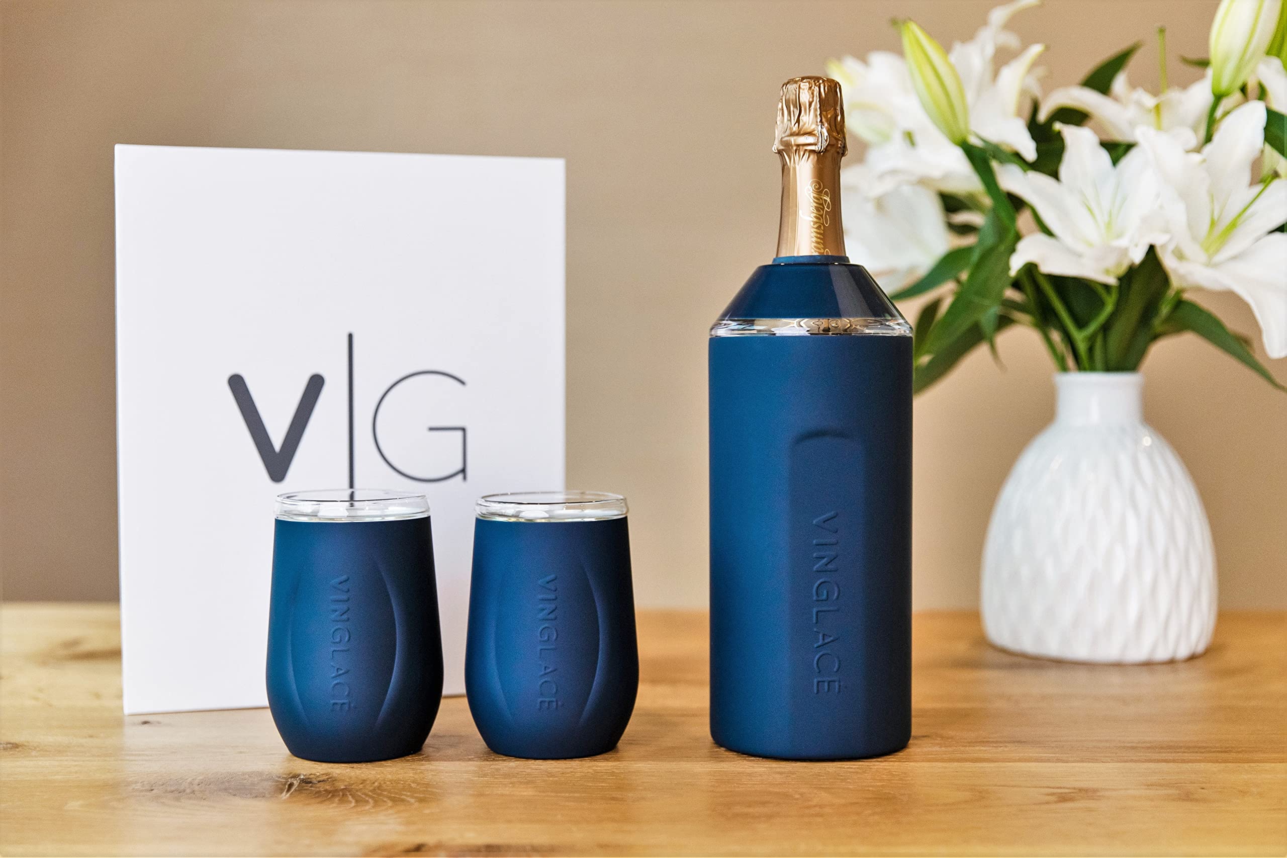 Vinglacé Wine Bottle Chiller Gift Set- Portable Stainless Steel Wine Cooler with 2 Stemless Wine Glasses, Navy