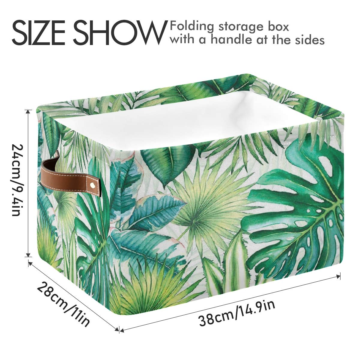 Palm Leaves Storage Basket Bin Summer Palm Tree Large Fabric Toys Storage Cube Box with Handles Collapsible Closet Shelf Cloth Organizer Basket for Nursery Bedroom