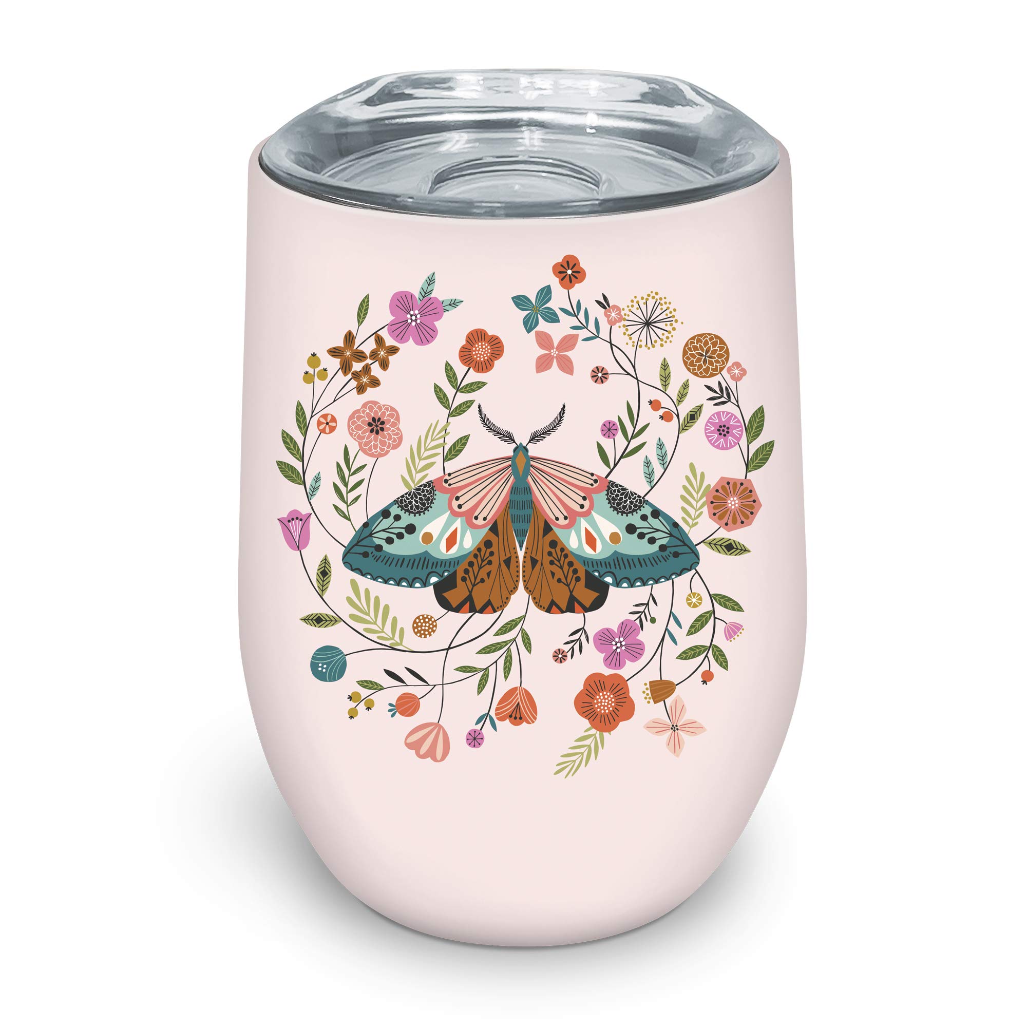 Studio Oh! Insulated Stainless Steel Stemless Glass Tumbler Floral Moth - 12-Ounce Double-Wall Construction with Full-Color Artwork & Spill-Resistant Drink-Through Lid