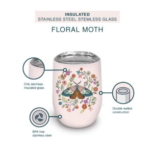 Studio Oh! Insulated Stainless Steel Stemless Glass Tumbler Floral Moth - 12-Ounce Double-Wall Construction with Full-Color Artwork & Spill-Resistant Drink-Through Lid