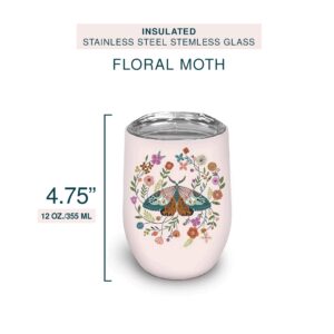 Studio Oh! Insulated Stainless Steel Stemless Glass Tumbler Floral Moth - 12-Ounce Double-Wall Construction with Full-Color Artwork & Spill-Resistant Drink-Through Lid