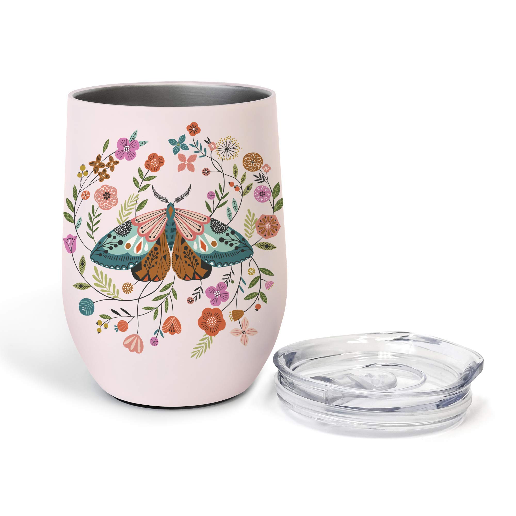 Studio Oh! Insulated Stainless Steel Stemless Glass Tumbler Floral Moth - 12-Ounce Double-Wall Construction with Full-Color Artwork & Spill-Resistant Drink-Through Lid