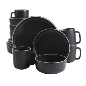 gibson home zuma 16 piece round kitchen dinnerware set, dishes, plates, bowls, mugs, service for 4, matte stoneware, black