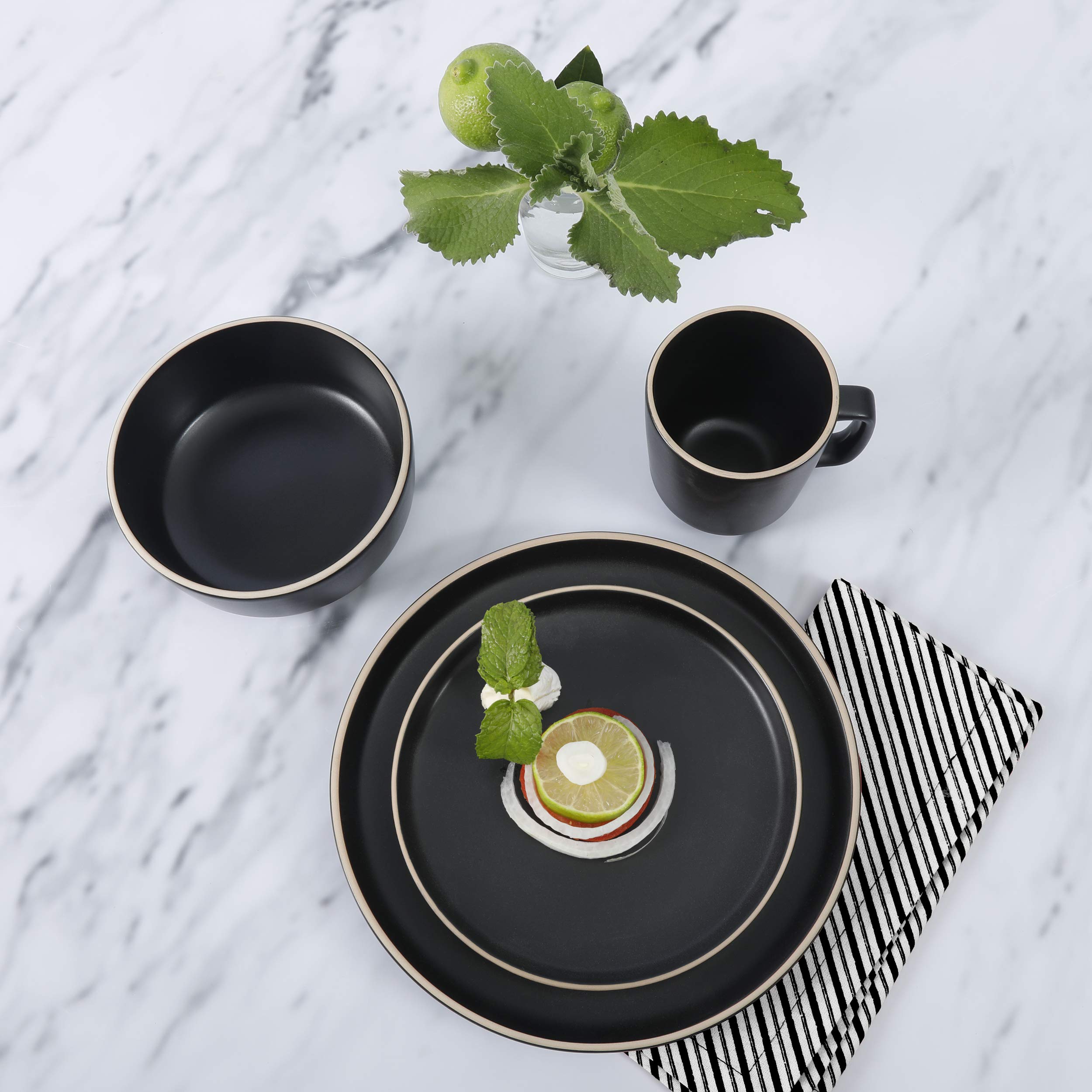 Gibson Home Zuma 16 Piece Round Kitchen Dinnerware Set, Dishes, Plates, Bowls, Mugs, Service for 4, Matte Stoneware, Black