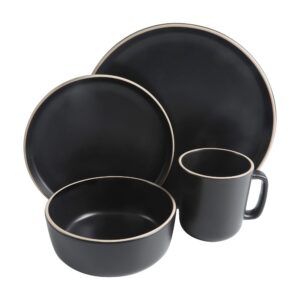 Gibson Home Zuma 16 Piece Round Kitchen Dinnerware Set, Dishes, Plates, Bowls, Mugs, Service for 4, Matte Stoneware, Black