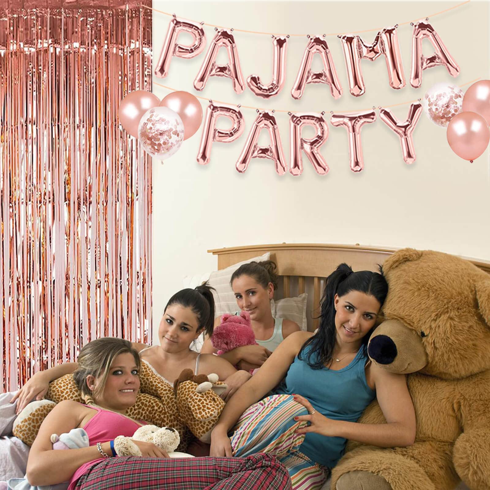 Pajama Party Decorations Rose Gold Pajama Party Balloons Banner Girls Slumber Sleepover Birthday Party Decor, PJ Mask Spa Pajama theme Party Supplies