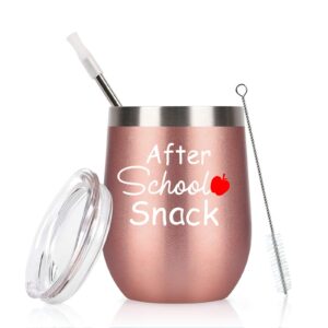 teacher gifts-after school snack wine tumbler, funny teacher appreciation christmas year end graduation gifts for teacher, thank you gifts for teacher, 12oz insulated stainless steel tumber, rose gold