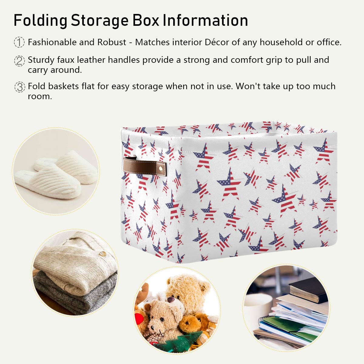 senya Fourth of July Basket American Independence Day Storage Box July 4th, USA Flag Stars Fabric Storage Bin Organizer Bag with Handles