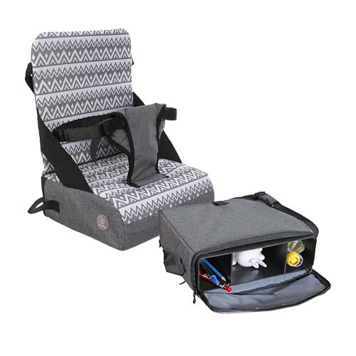 Dreambaby Grab ‘N Go Travel Booster Seat with Built-in Storage Space, Portable Highchair Booster Seat for Tables, High-Back Seat and Foldable for Baby Travel, Secured with a 3-Point Harness, Grey