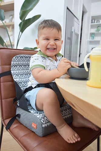 Dreambaby Grab ‘N Go Travel Booster Seat with Built-in Storage Space, Portable Highchair Booster Seat for Tables, High-Back Seat and Foldable for Baby Travel, Secured with a 3-Point Harness, Grey