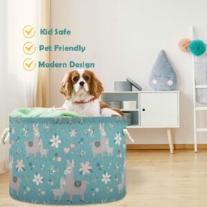 visesunny Grey Llama Mother and Baby Flower Collapsible Large Capacity Basket Storage Bin with Durable Cotton Handles, Home Organizer Solution for Office, Bedroom, Closet, Toys, Laundry